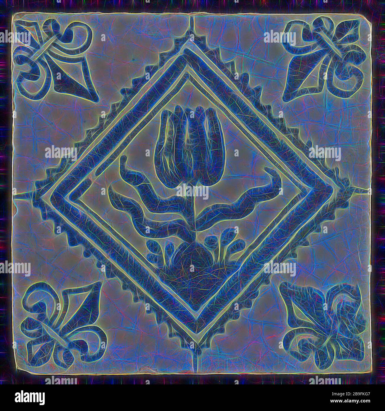 Tile, tulip on ground in blue on white, inside serrated square, corner ...