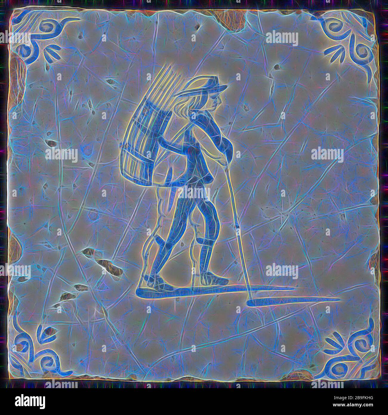 Occupation tile, blue with an image of man with hat and basket with ...