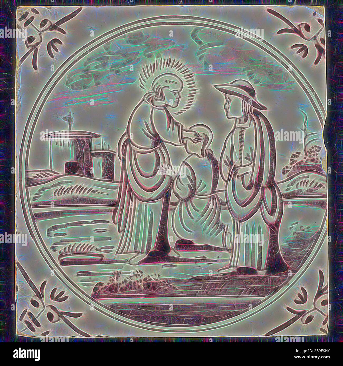 Scene line, Jesus lays the hand on the head of kneeling deaf, corner ...