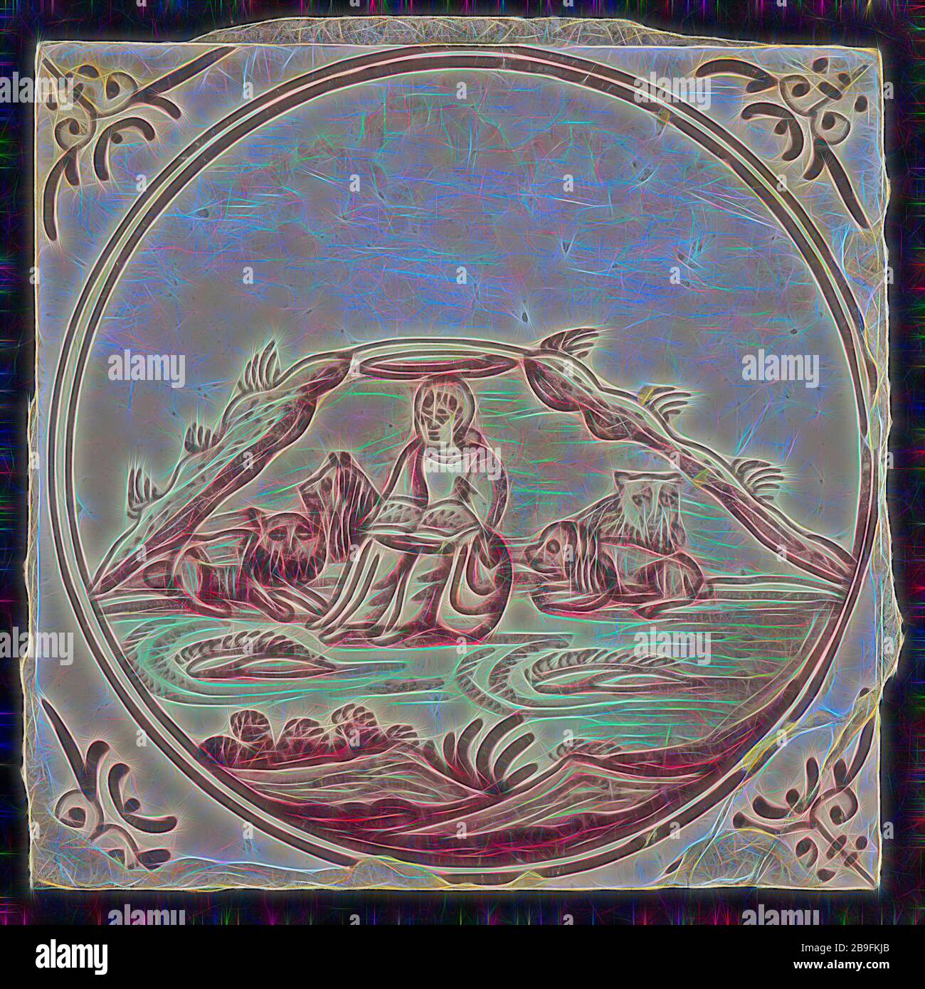 Scene tile, Daniel in the lion's den, corner motif ox's head, wall tile ...