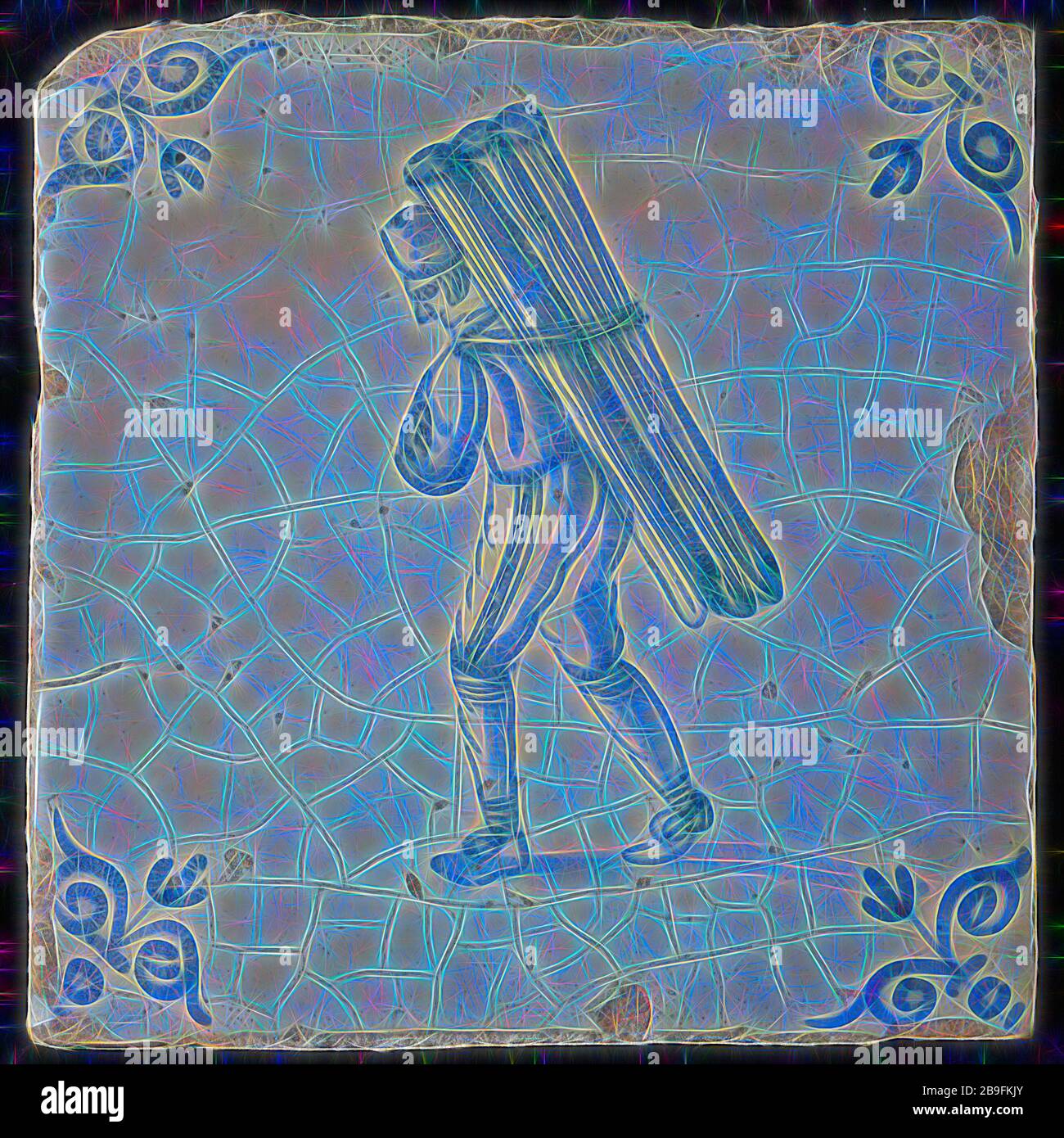 Occupation tile, blue with man with cap and round tubes or bars on the ...