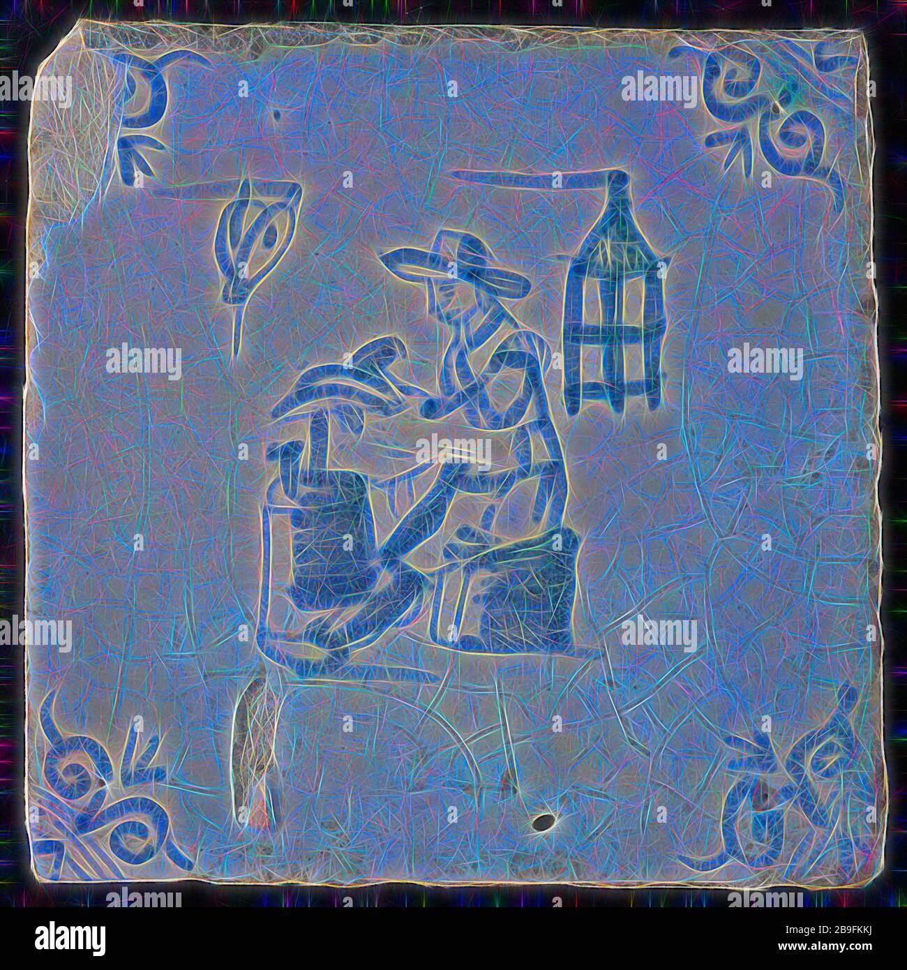 Occupation tile, blue with an anvil blacksmith, corner motif ox head ...