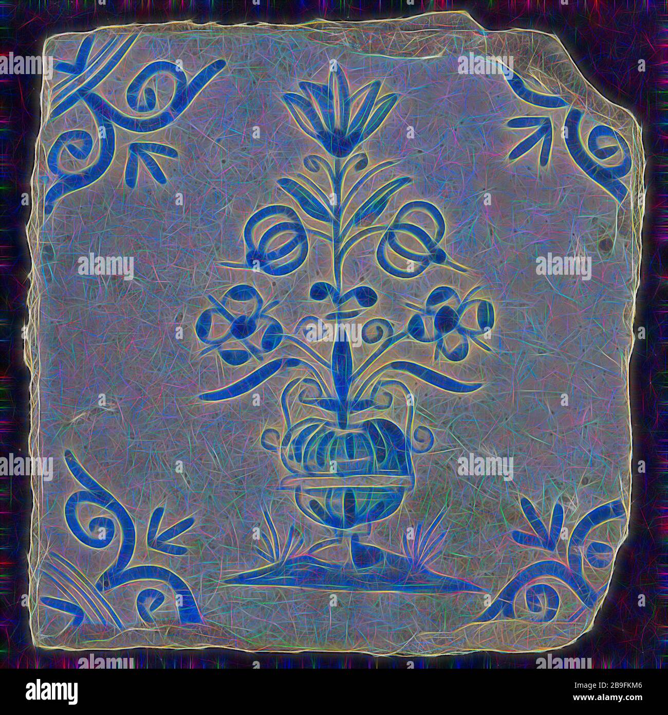 Tile, flower pot in blue on white, corner motif big ox head, wall tile ...