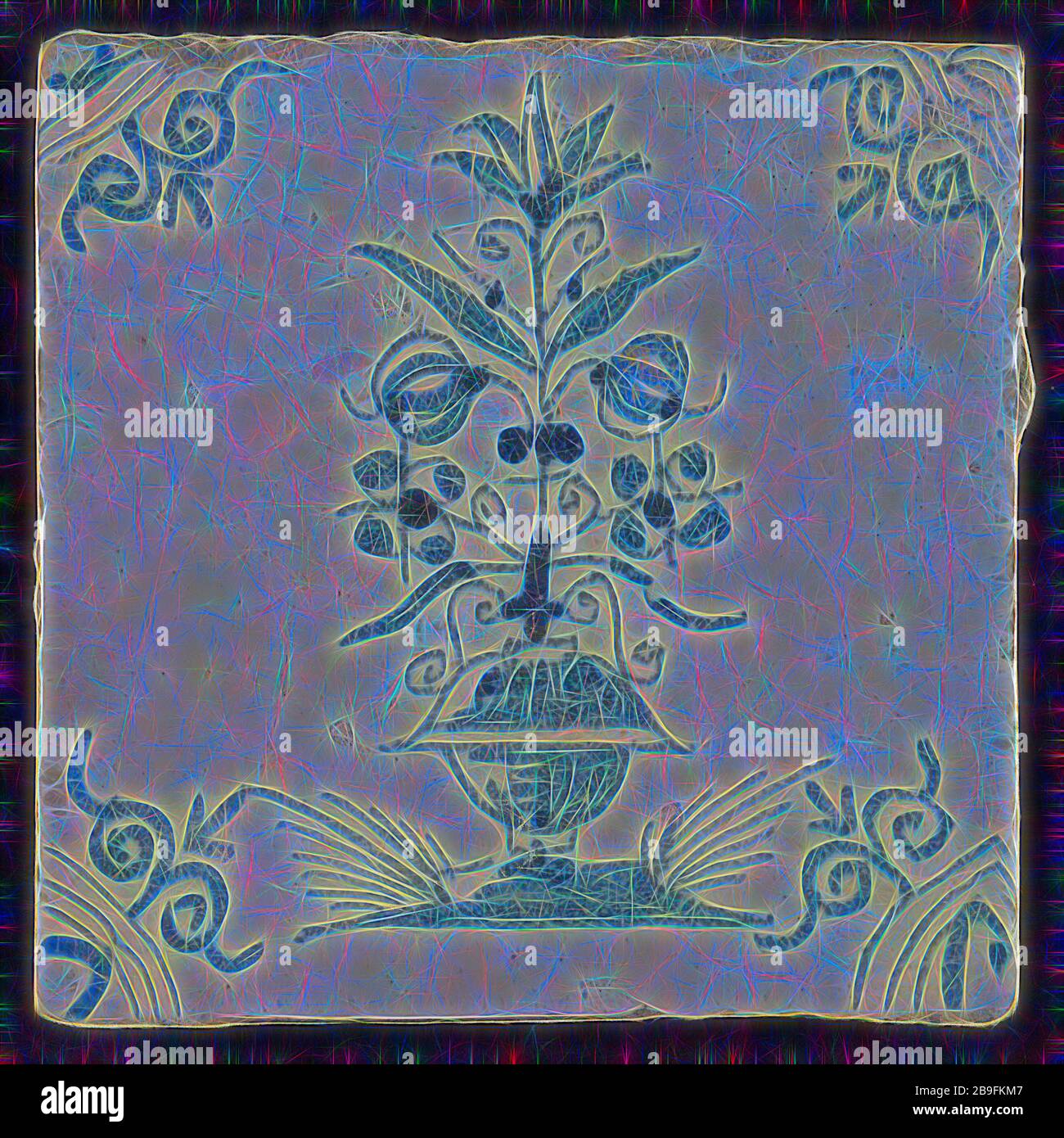 Tile, flower pot in blue on white, corner pattern ox head, wall tile ...