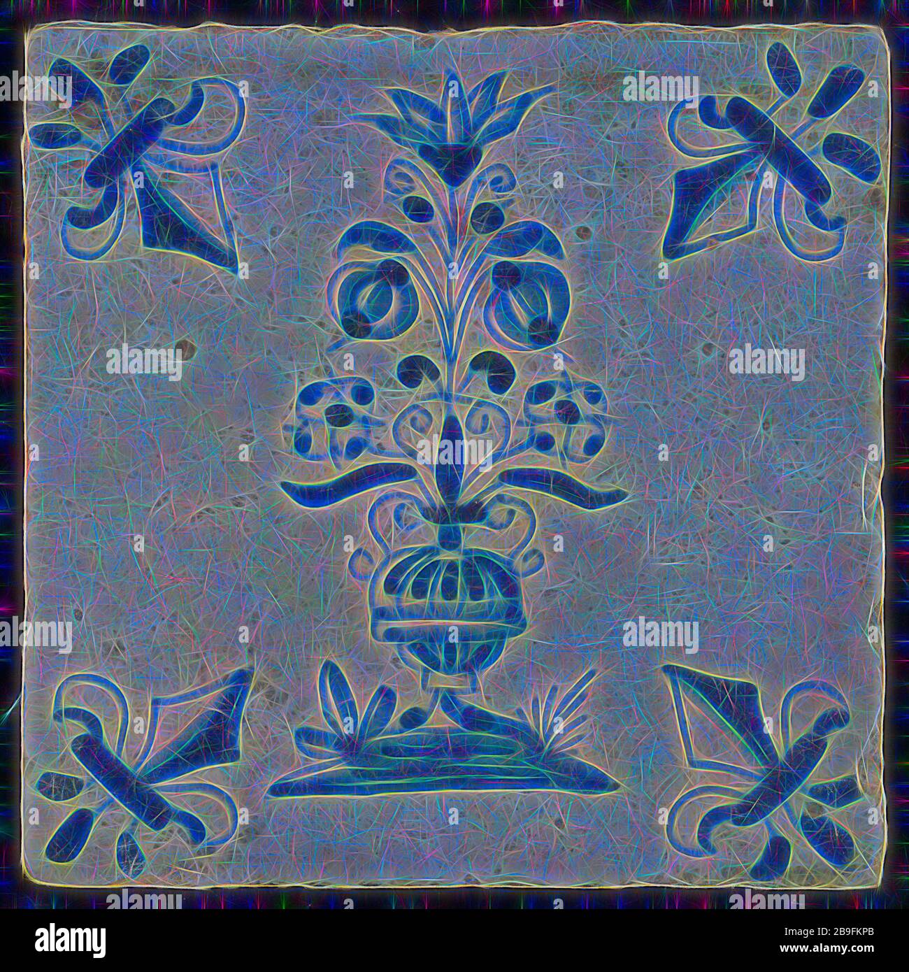 Tile, flower pot in blue on white, corner pattern french lily, wall ...