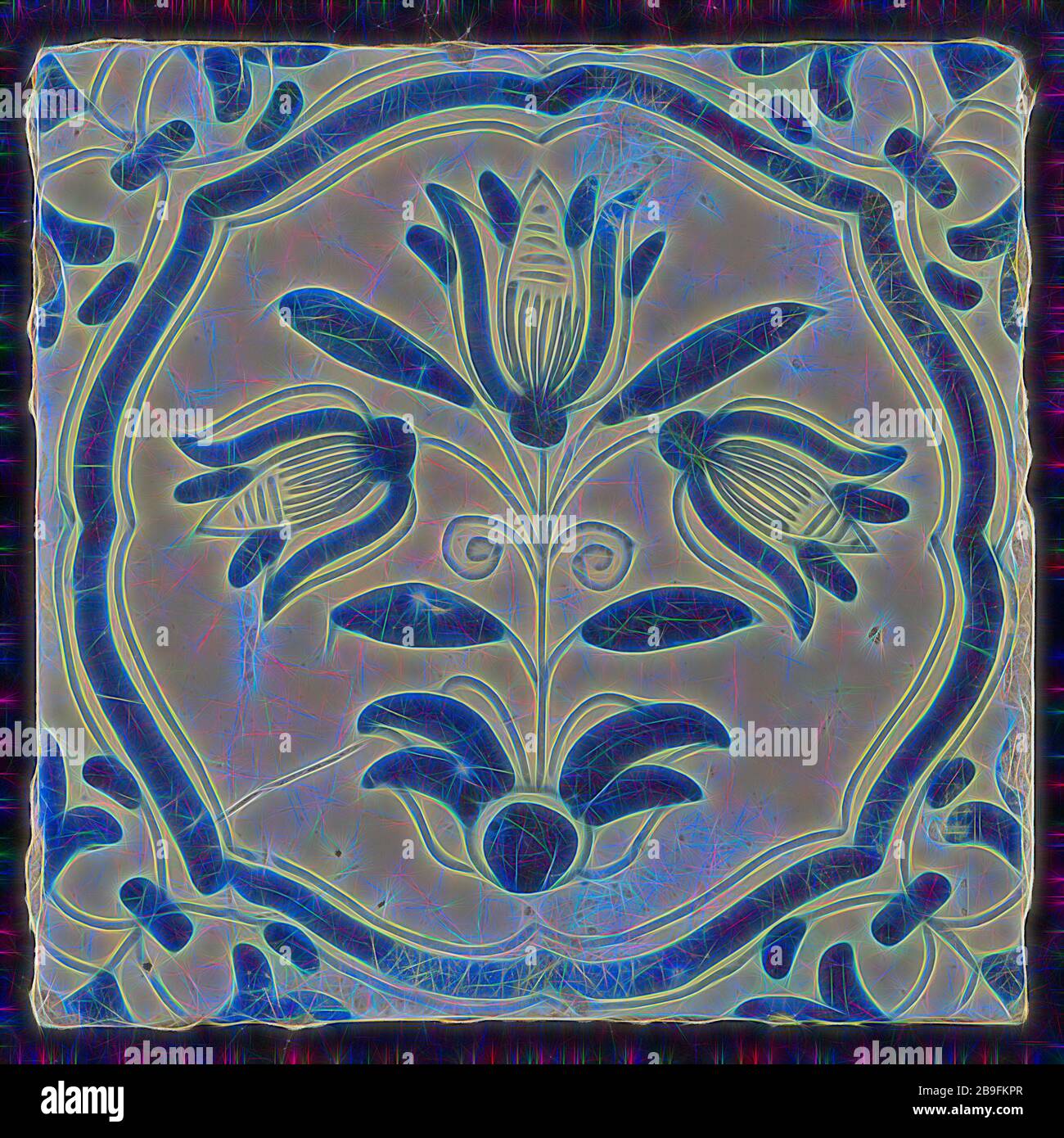 Tile, three-tier in braces in blue on white, corner motif, wing-leaf ...