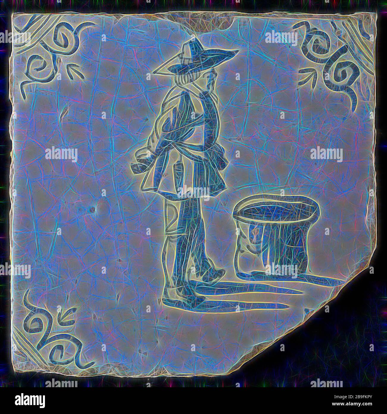 Occupation tile, blue with warrior standing by barrel, corner motif ...