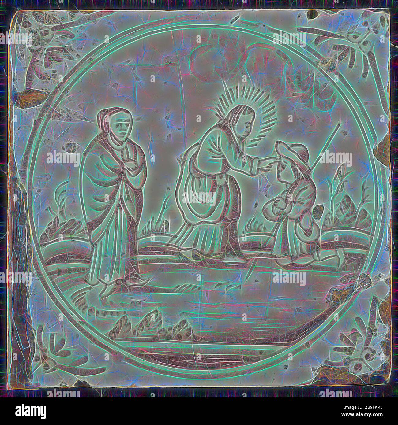 Scene line, Jesus touches eyes of kneeling blind man, corner motif ox's ...