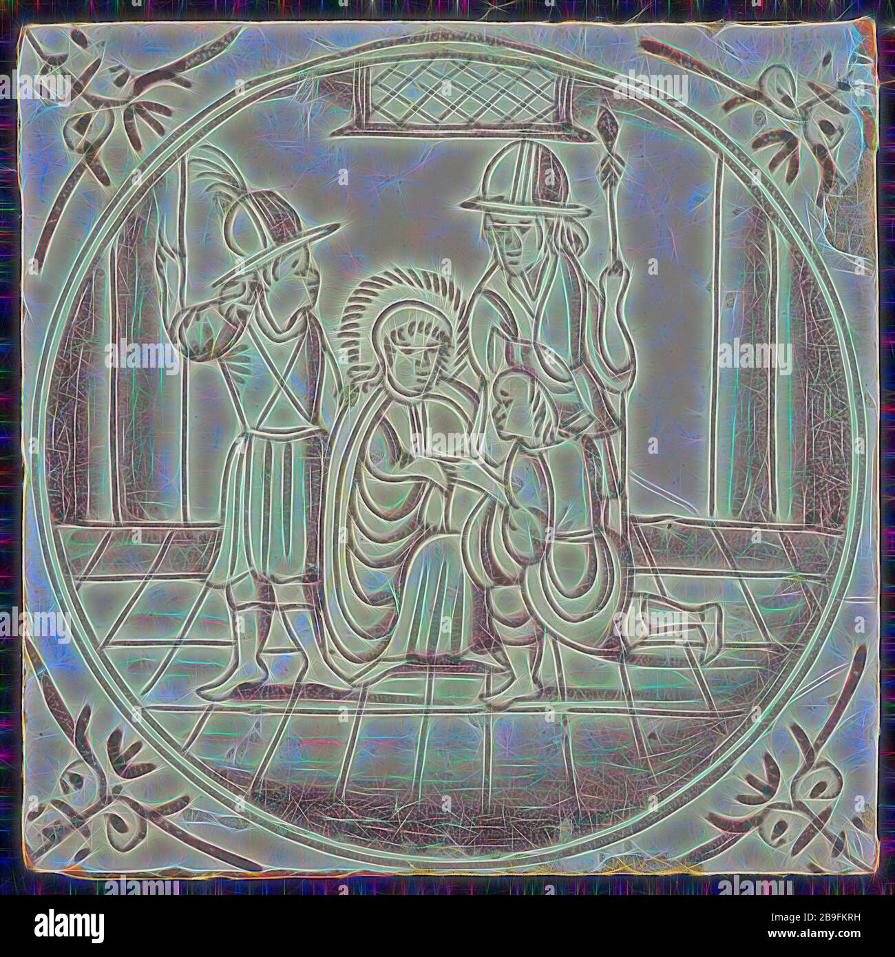 Scene line, Jesus with three figures, corner pattern ox's head, wall ...