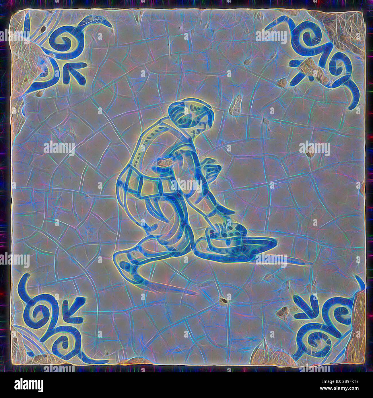 Scene tile, child's play, bowing with marbles, corner motif of ox's ...