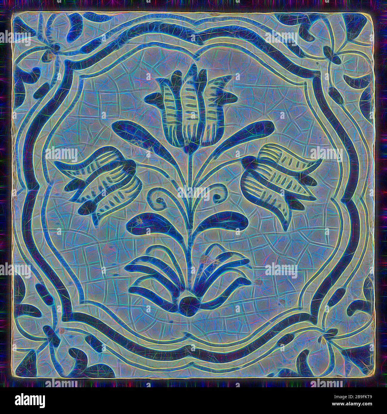 Tile, three-tier in braces in blue on white, corner motif, wing, wall ...