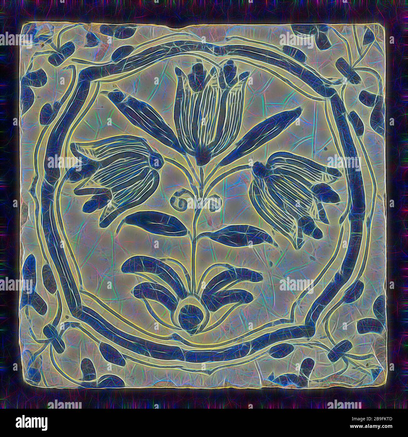 Tile, three-tier in braces in blue on white, corner motif, wing-leaf ...