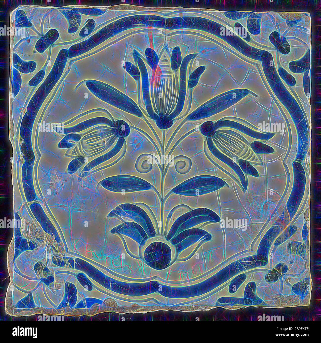 Tile, three-tier in braces in blue on white, corner motif, wing, wall ...