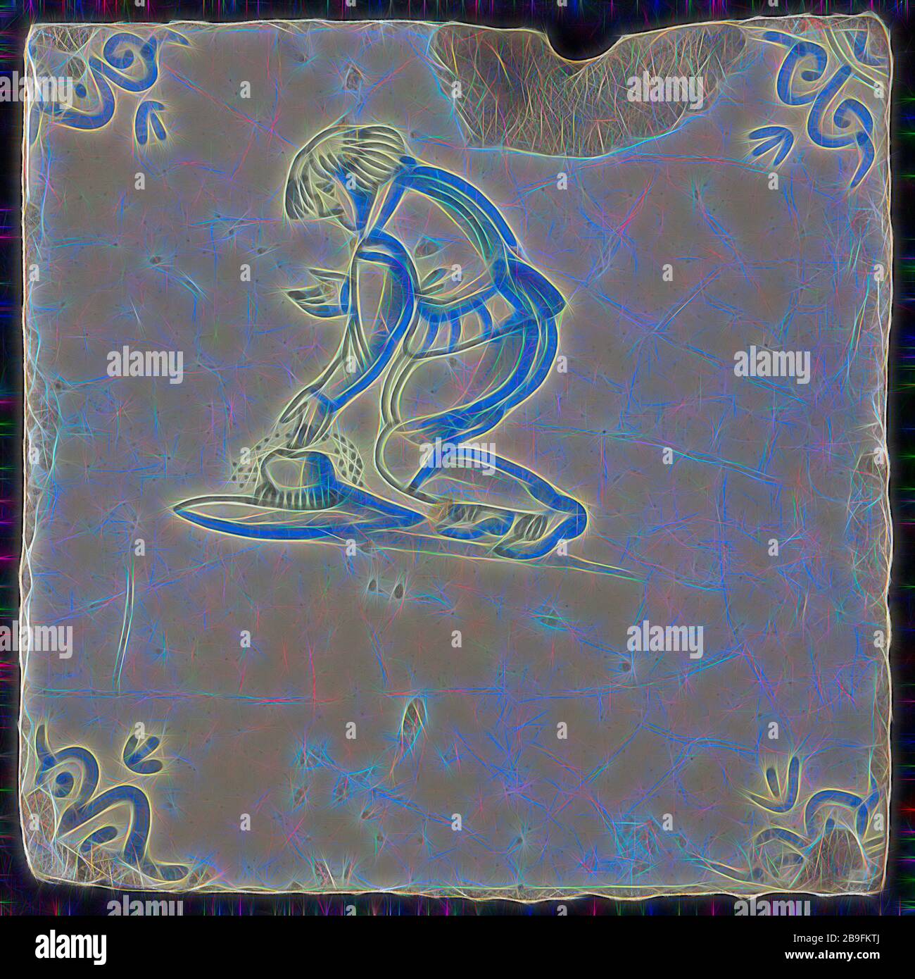 Scene tile, child's play, bowing with marbles, corner motif of ox's ...