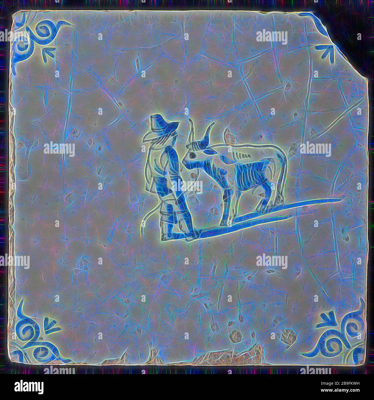 Figure tile, blue with farmer with cow, corner motif oxen head, wall ...