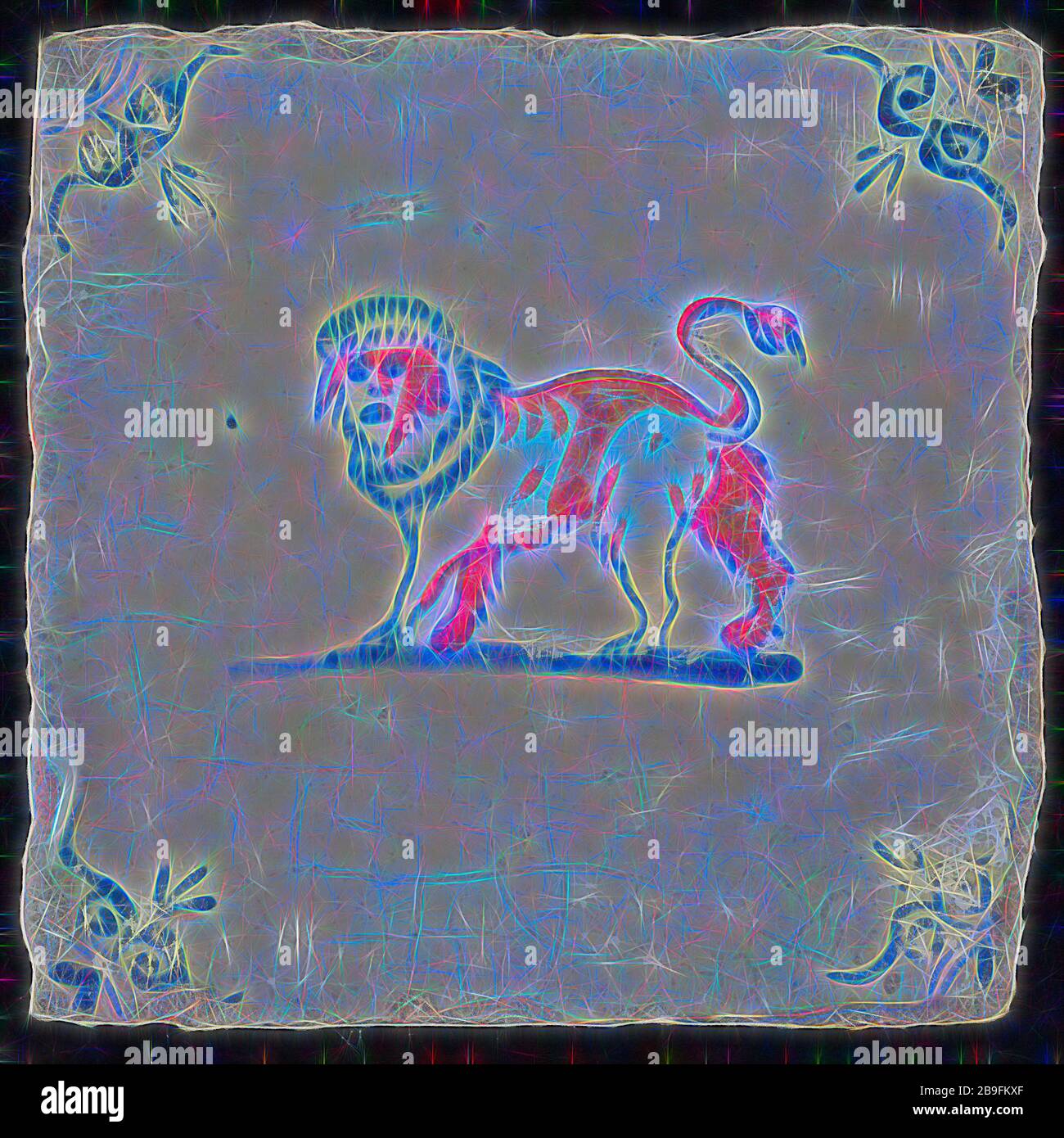 Animal tile, lion facing left looking at us in blue and brown on white ...