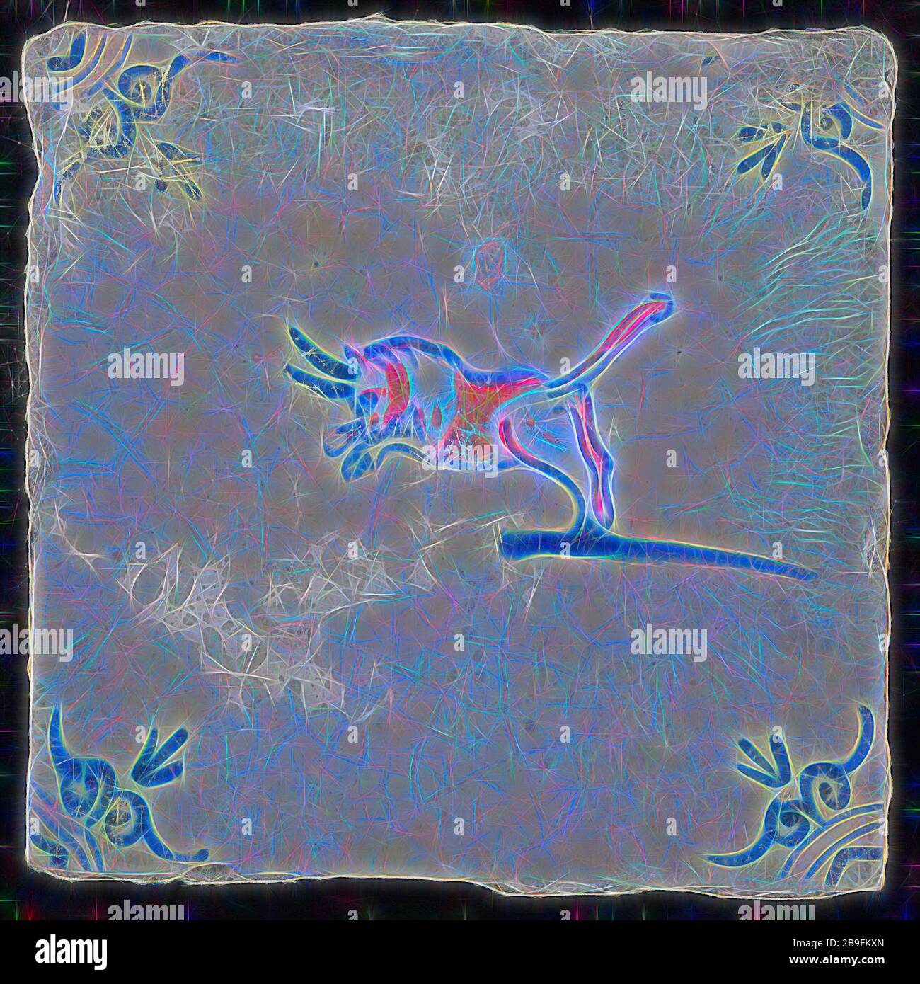 Animal tile, attacking bull to the left, blue and brown on white ...