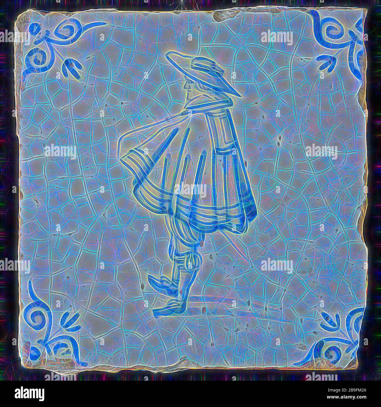 Figure tile, blue with nobleman with wide cape and big hat, corner ...