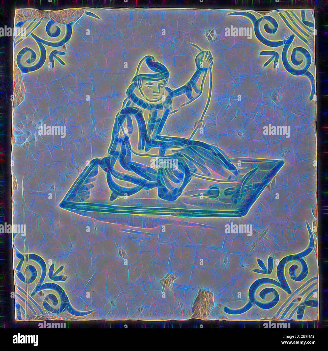 Occupation tile, blue with seated tailor, corner motif oxen head, wall ...