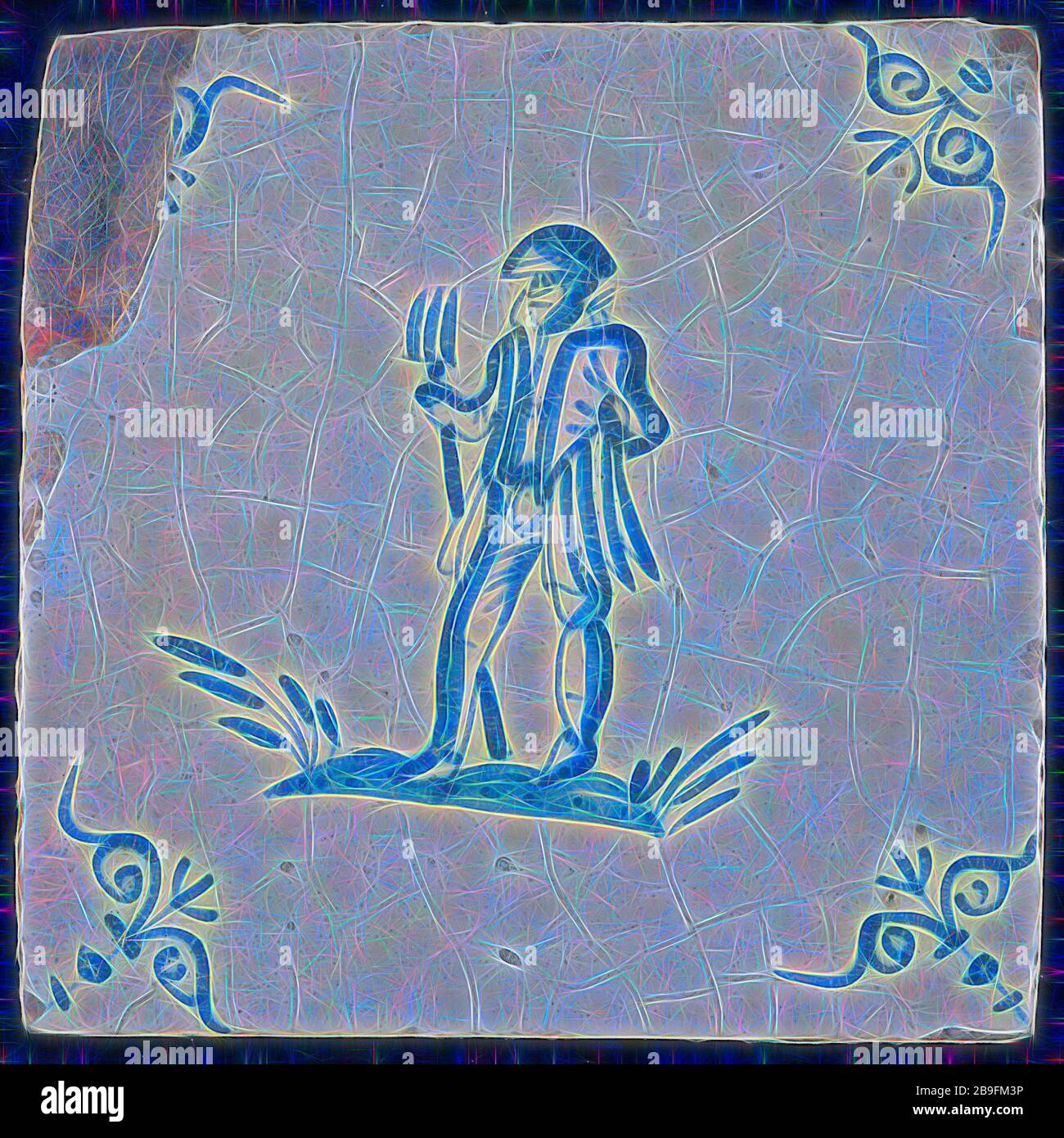 Figure tile, blue with soldier (warrior) with trident on ground, corner ...