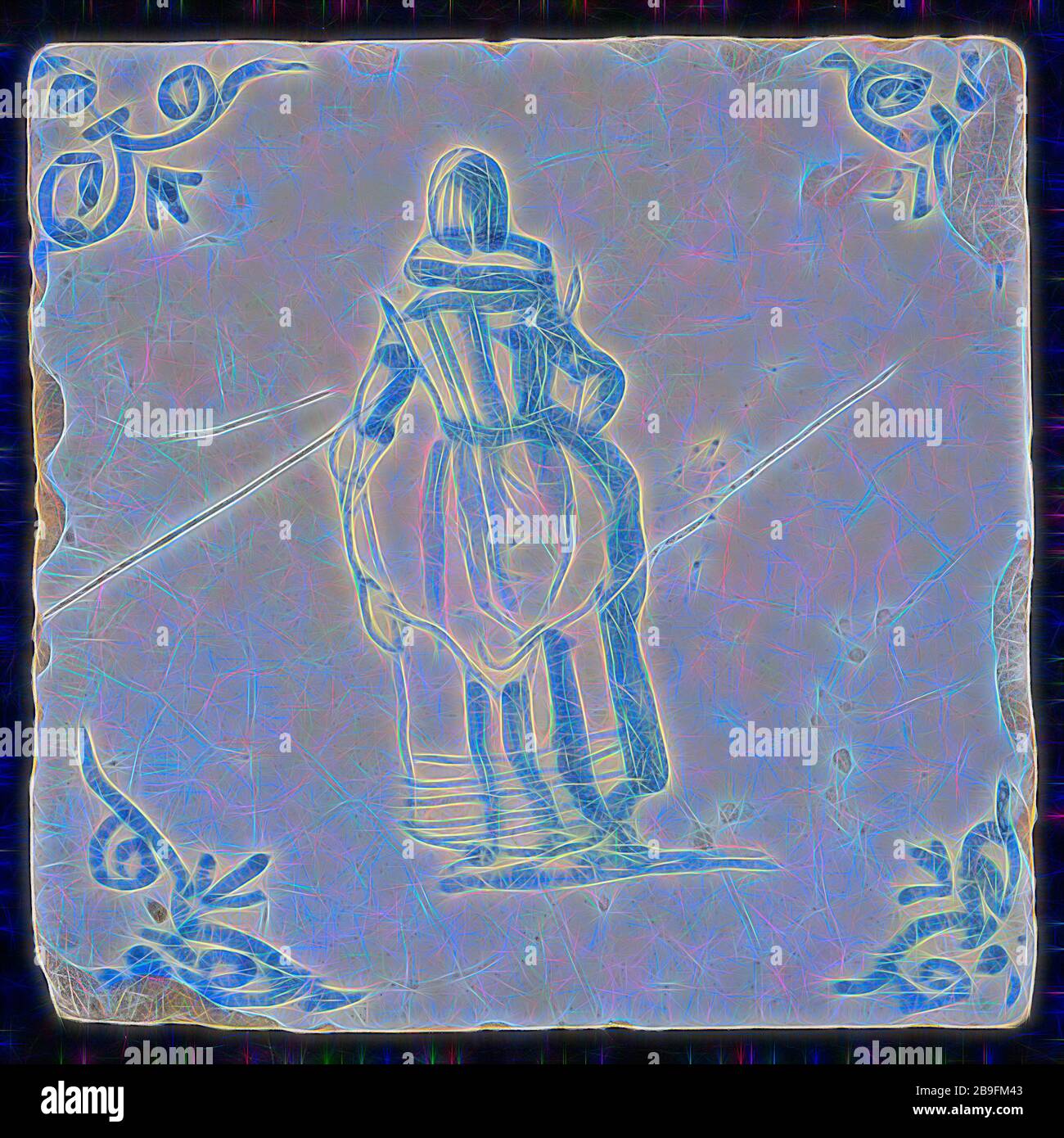 Figure tile, blue with lady with millstone collar and recorded overcoat ...