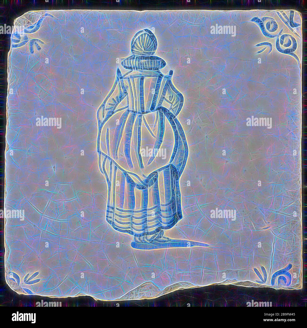Figure tile, blue with lady with millstone collar and recorded overcoat ...