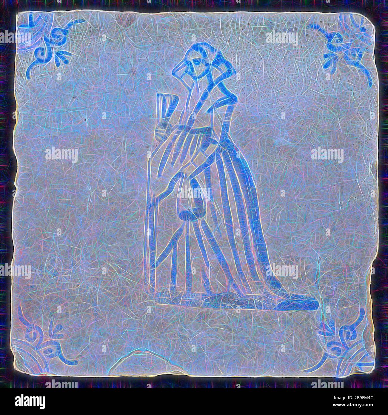 Figure tile, blue with lady with fan, lifts her skirt with hand, corner ...