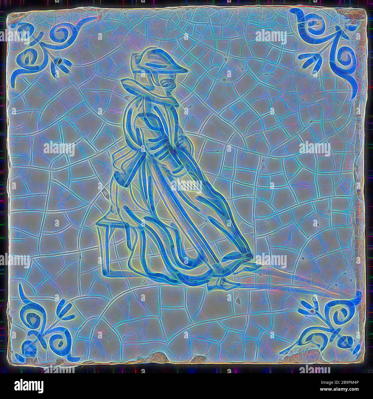 Figure tile, blue with lady sitting on stool, with hat, wide collar and ...