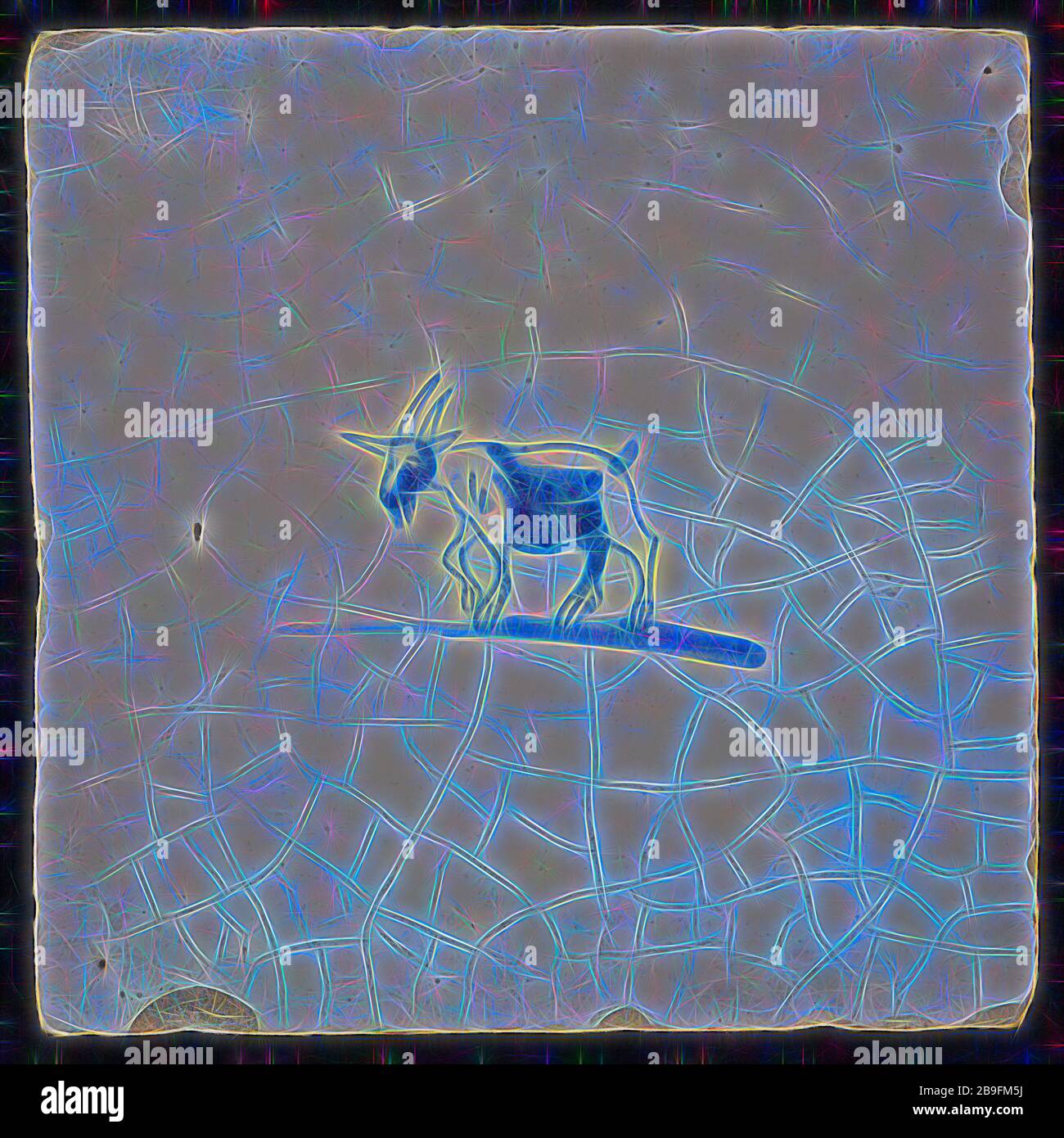 Animal tile, running goat to the left, in blue on white, without corner ...