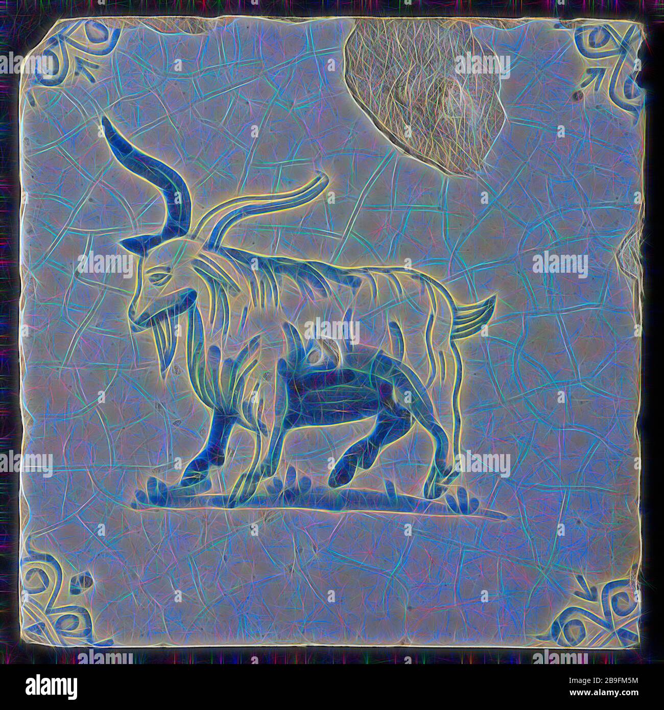 Animal tile, standing long-haired goat to the left, in blue on white ...