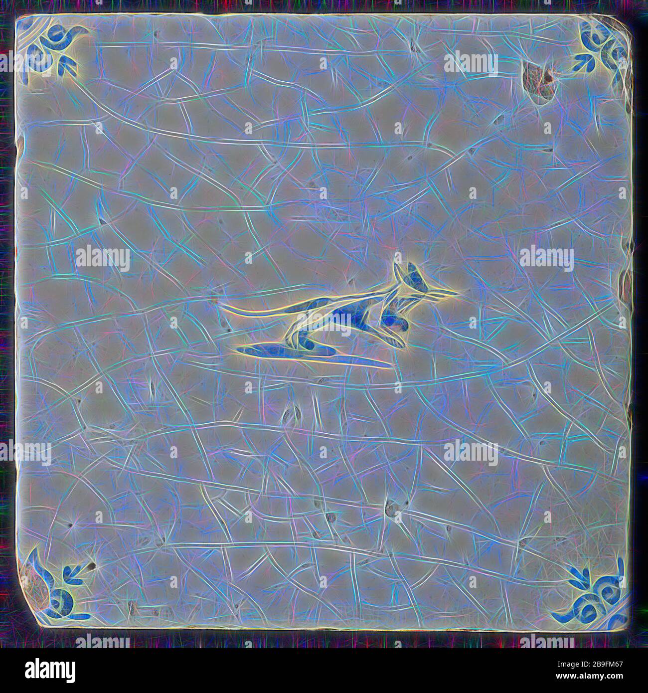 Animal tile, jumping cat to the right, in blue on white, corner motif ...