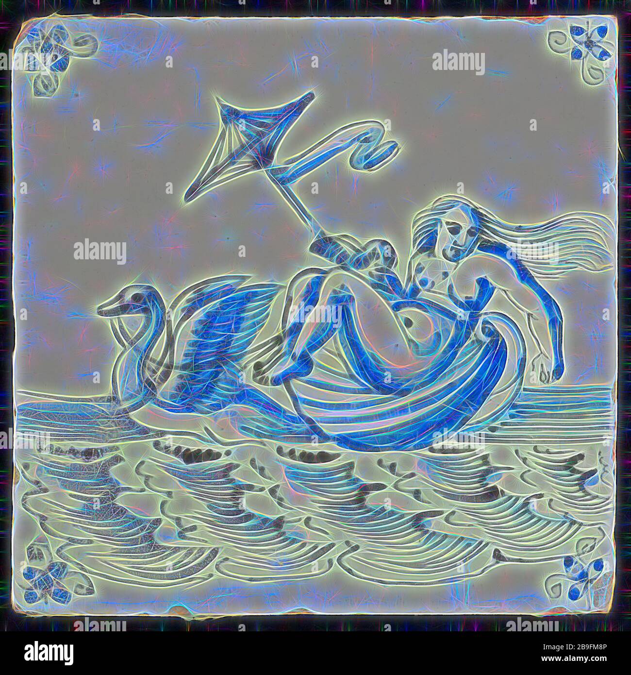 Scene tile, woman on shell pulled by swan, corner motif spider, wall ...