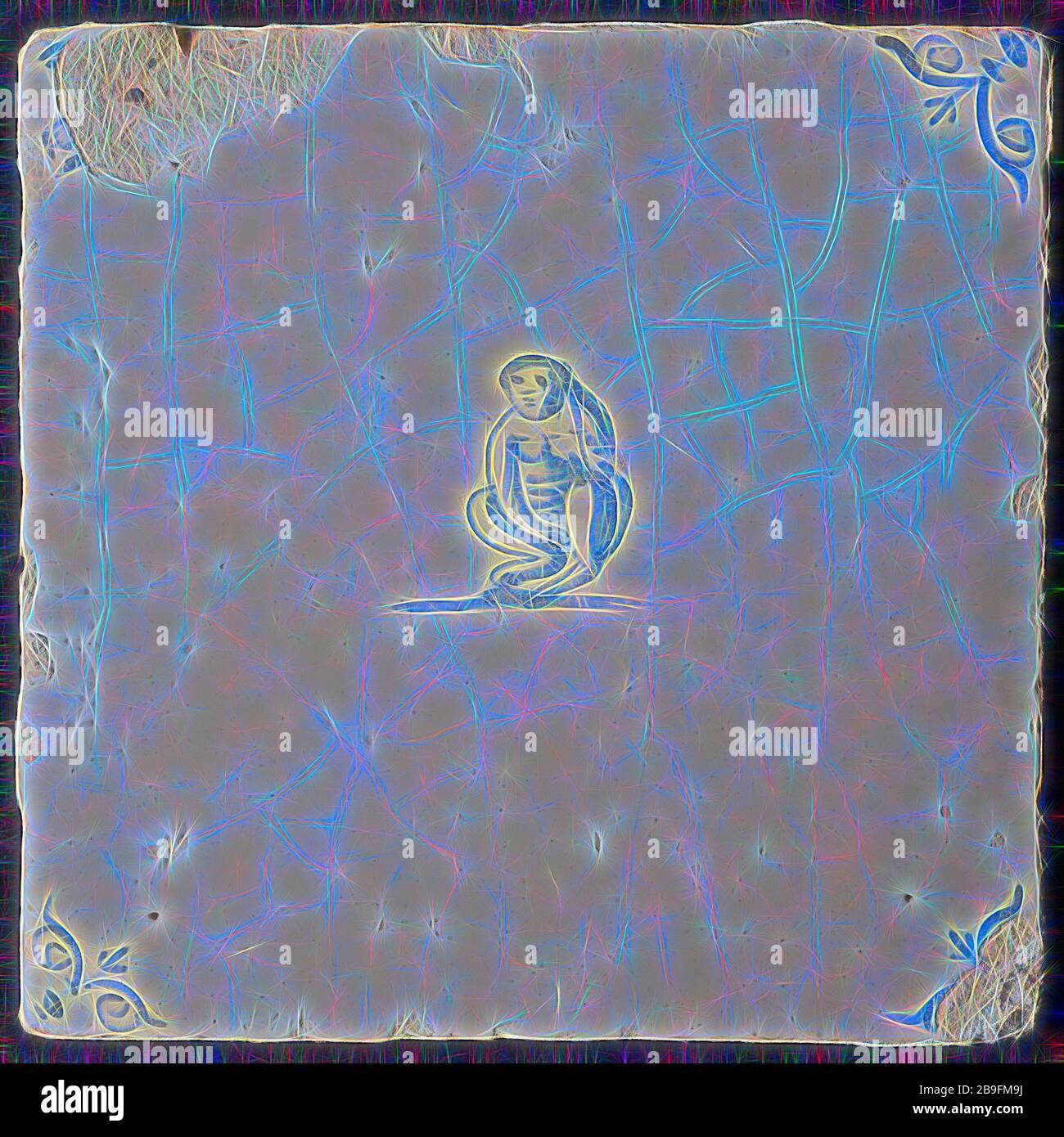 Animal tile, sitting monkey to the left, in blue on white, corner ...