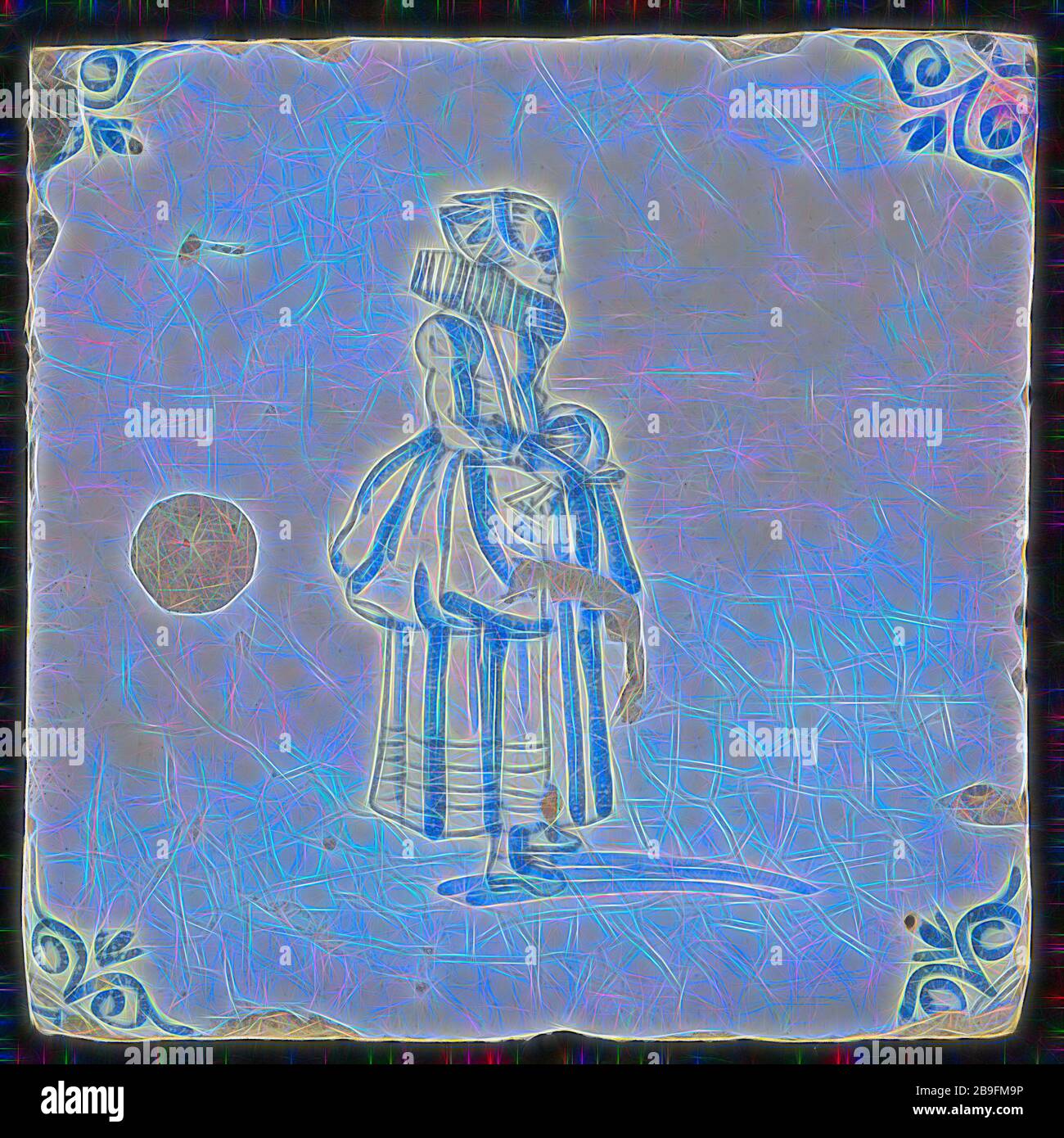 Figure tile, blue with lady with millstone collar and drawn overcoat ...