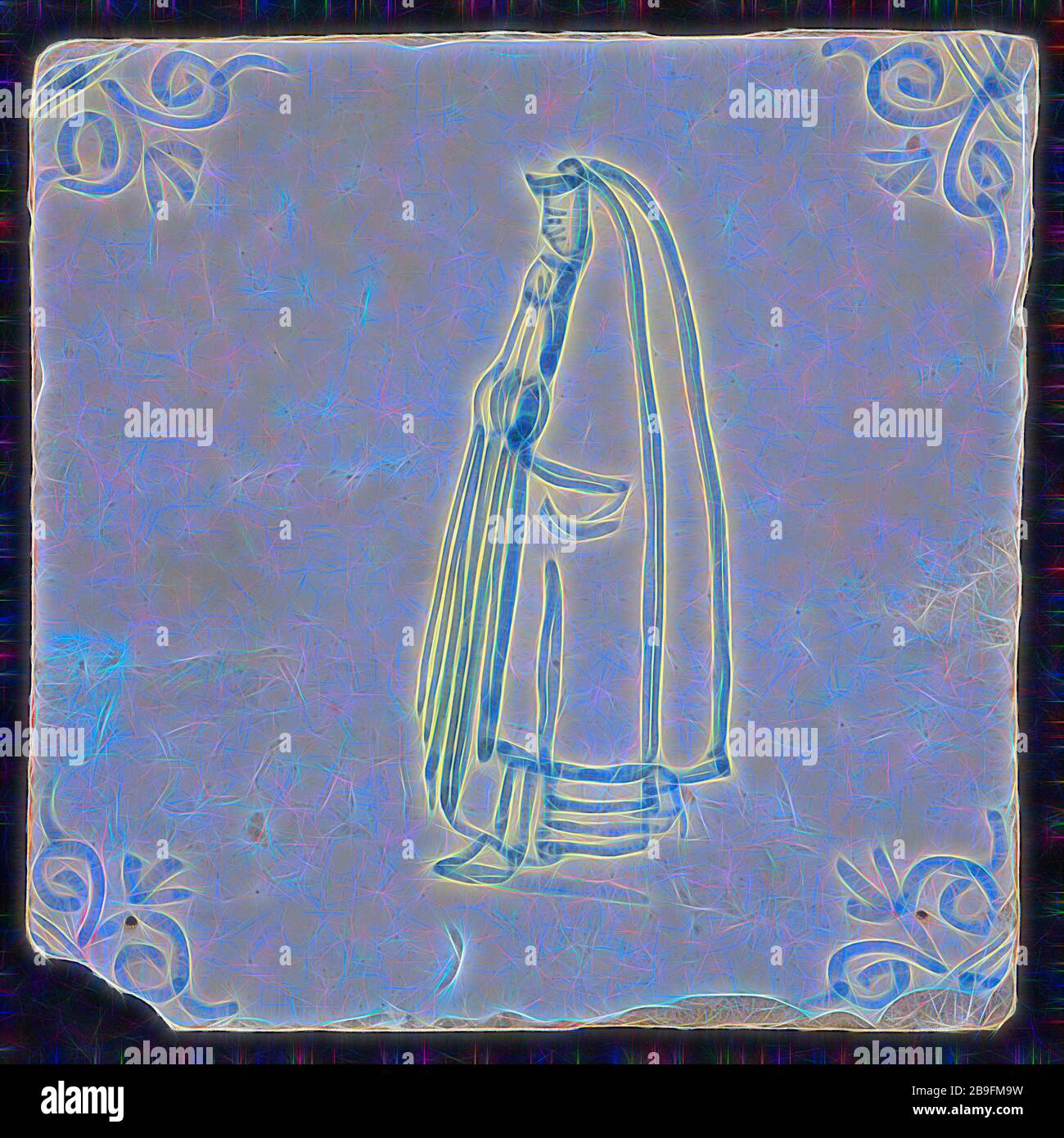 Figure tile, blue with civilian woman with hood, cloak that reaches ...