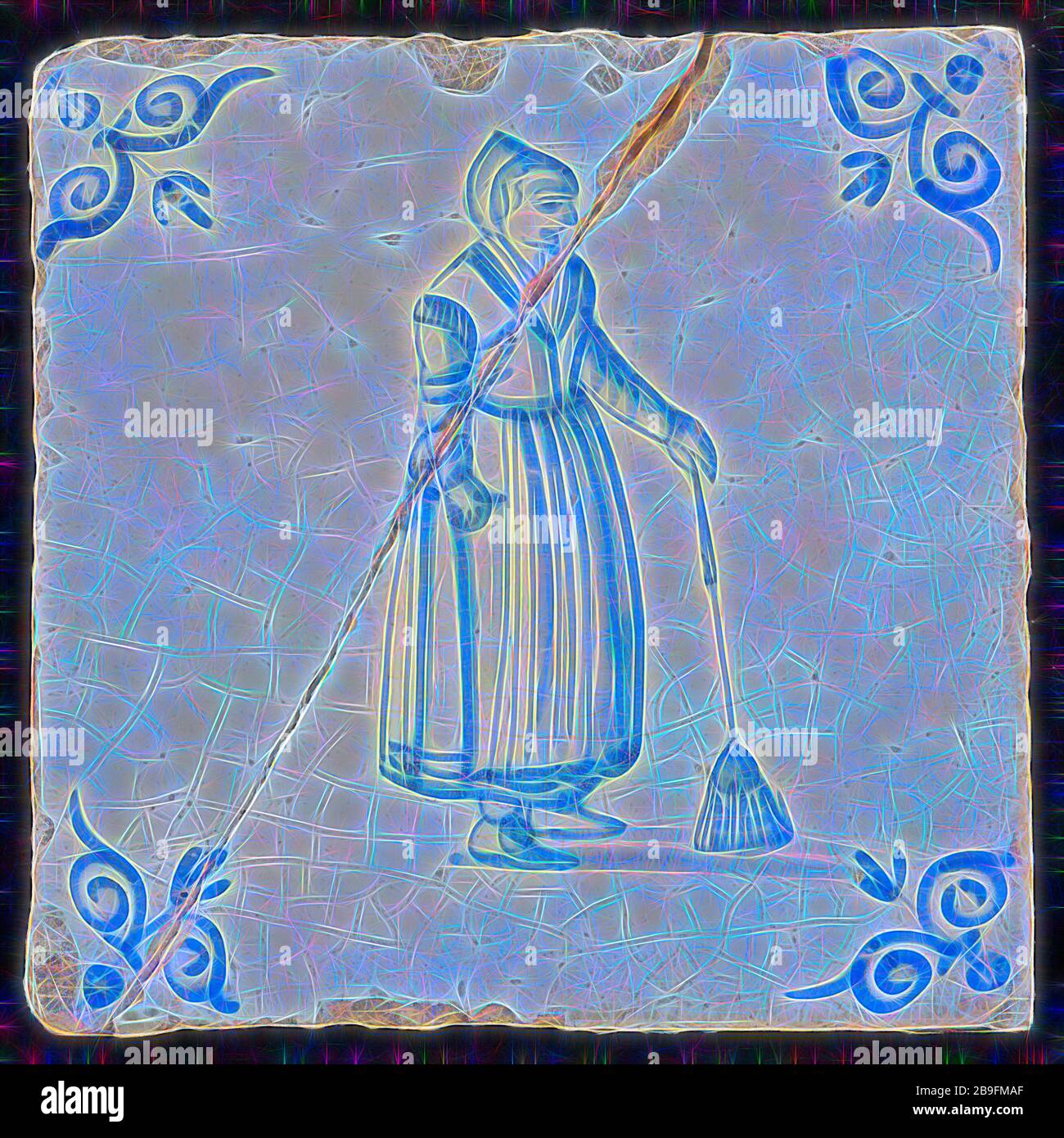 Figure tile, blue with peasant woman with broom, corner motif ox's head ...