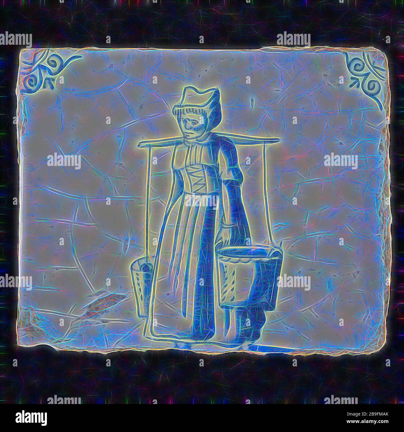 Figure tile, blue with peasant woman with yoke and two buckets, laced ...