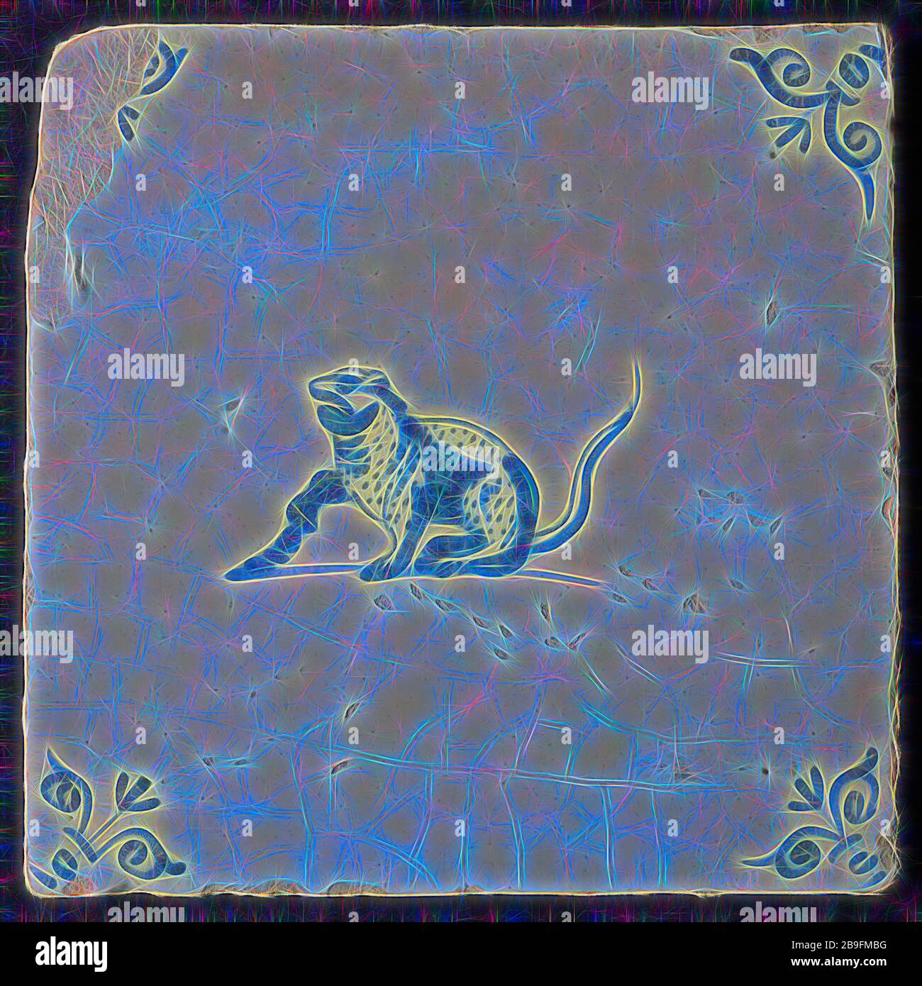 Animal tile, sitting panther to the left, in blue on white, corner ...