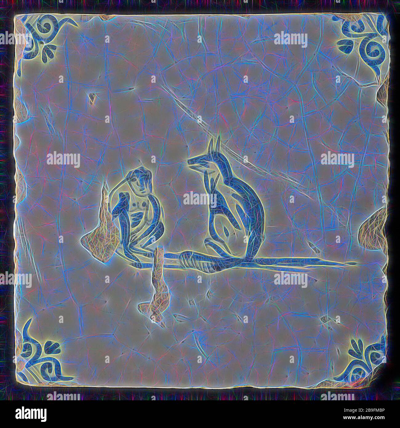 Animal tile, sitting monkey and dog looking at each other, in blue on ...