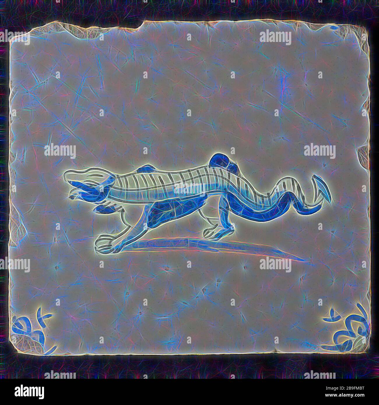 Animal tile, running crocodile to the left, in blue on white, corner ...