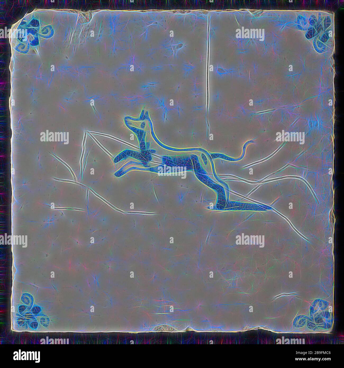 Animal tile, jumping dog to the left, in blue on white, corner motif ...