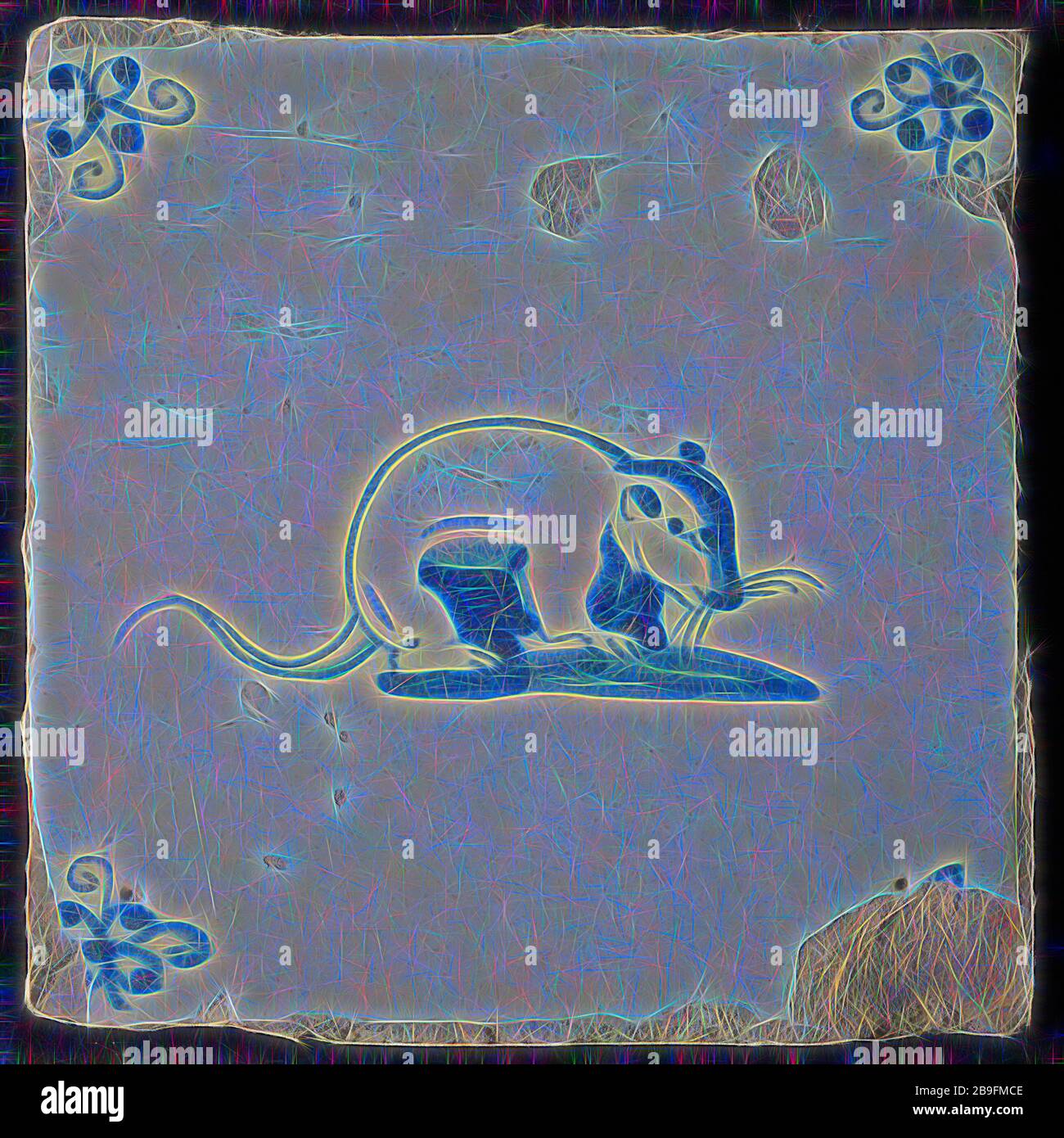 Animal tile, sitting rat to the right, in blue on white, corner motif ...