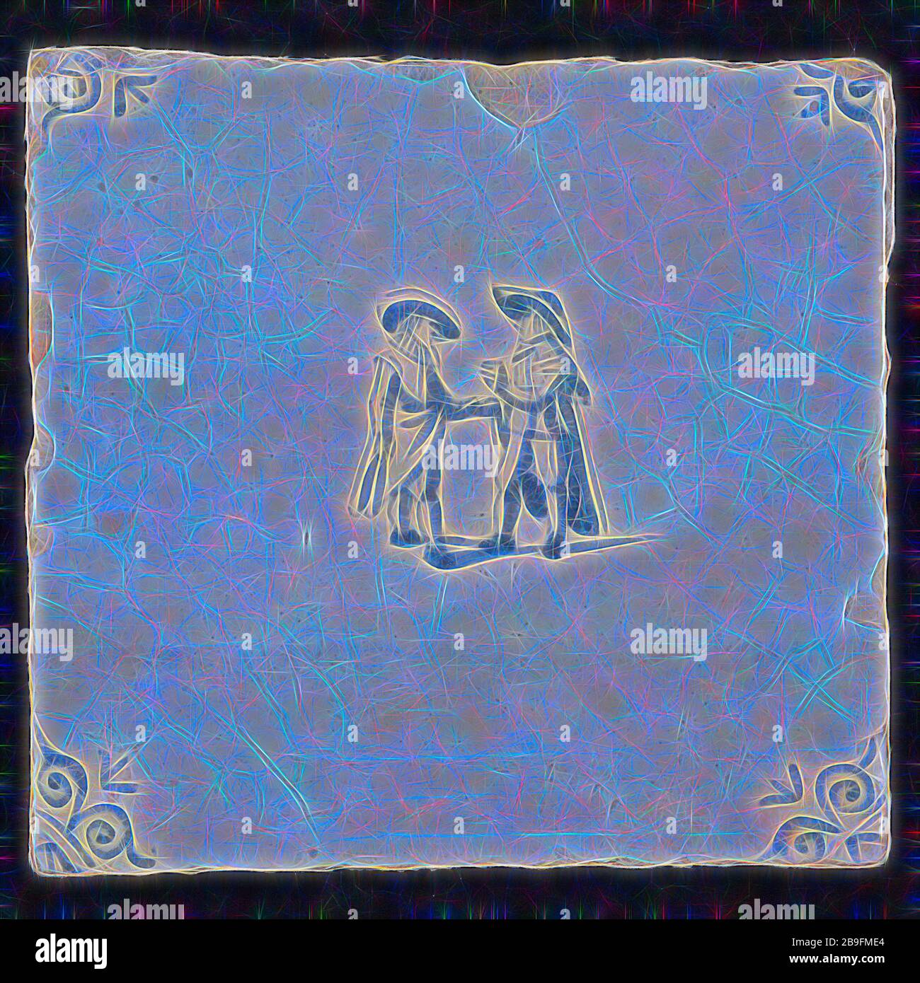 Figure tile, blue with two noblemen in conversation, corner motif ox's ...