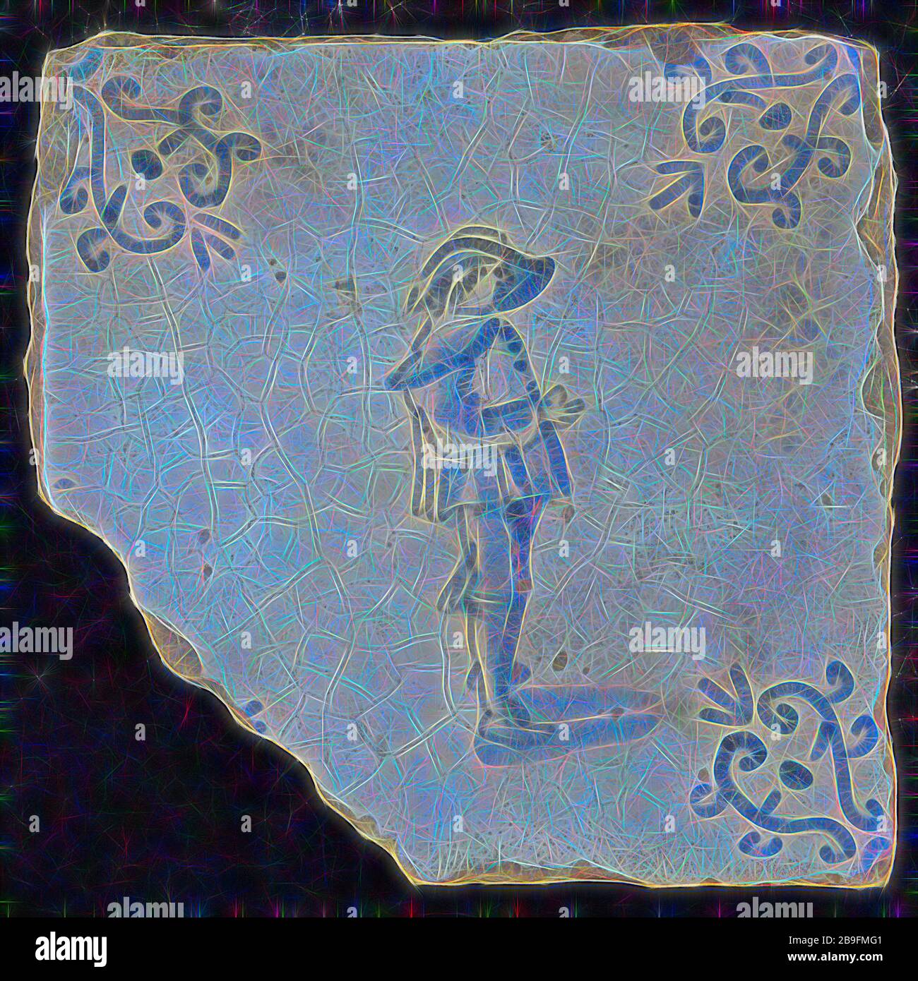 Occupation tile, blue with standing nobleman with big hat, corner ...