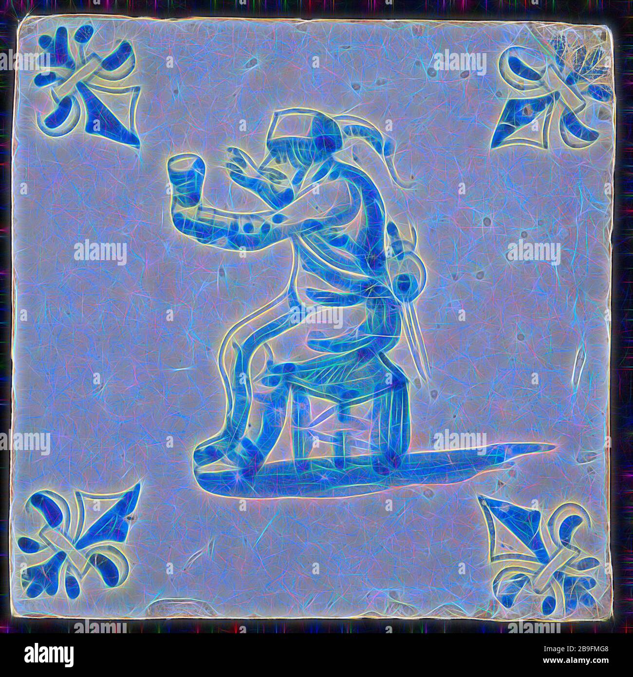 Figure tile, blue with man sitting on stool with cup in hand, corner ...