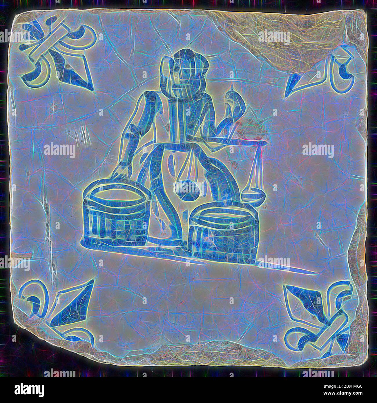 Figure tile, blue with seated saleswoman with two barrels of goods and ...