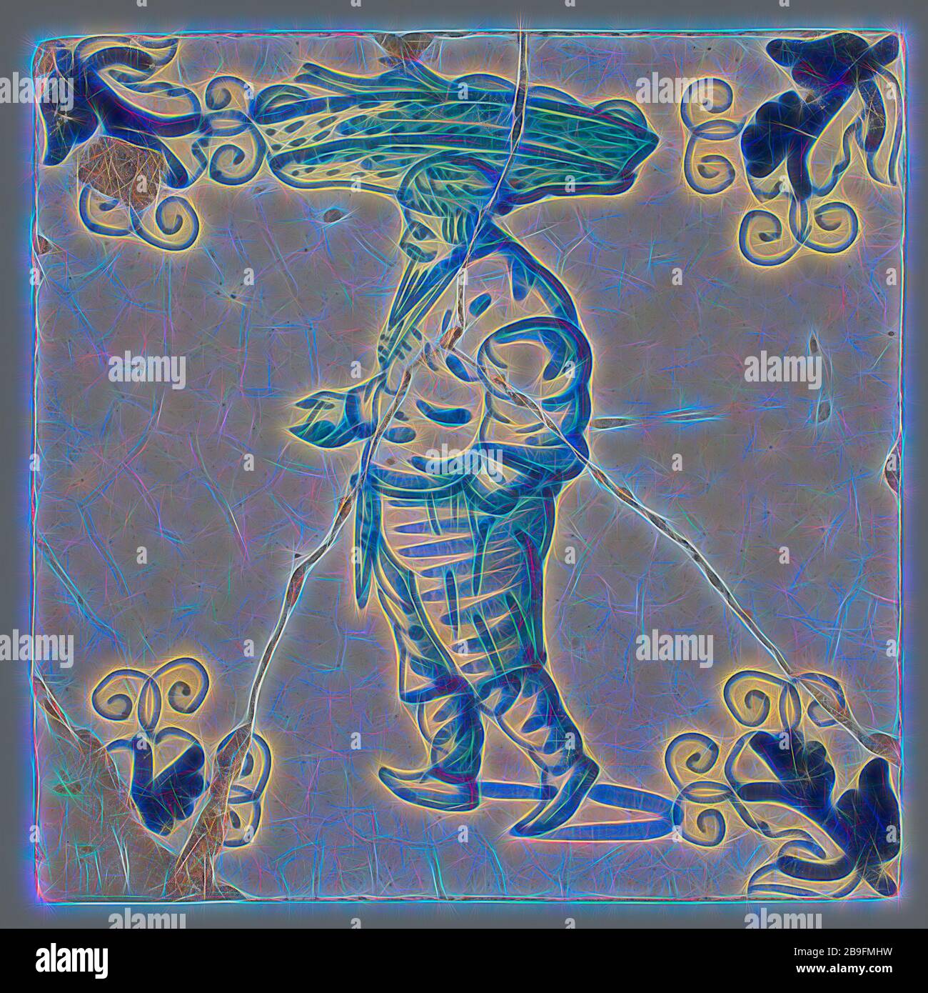 Figure tile, blue with big Bartmann jug, also called Bellarmine jug ...