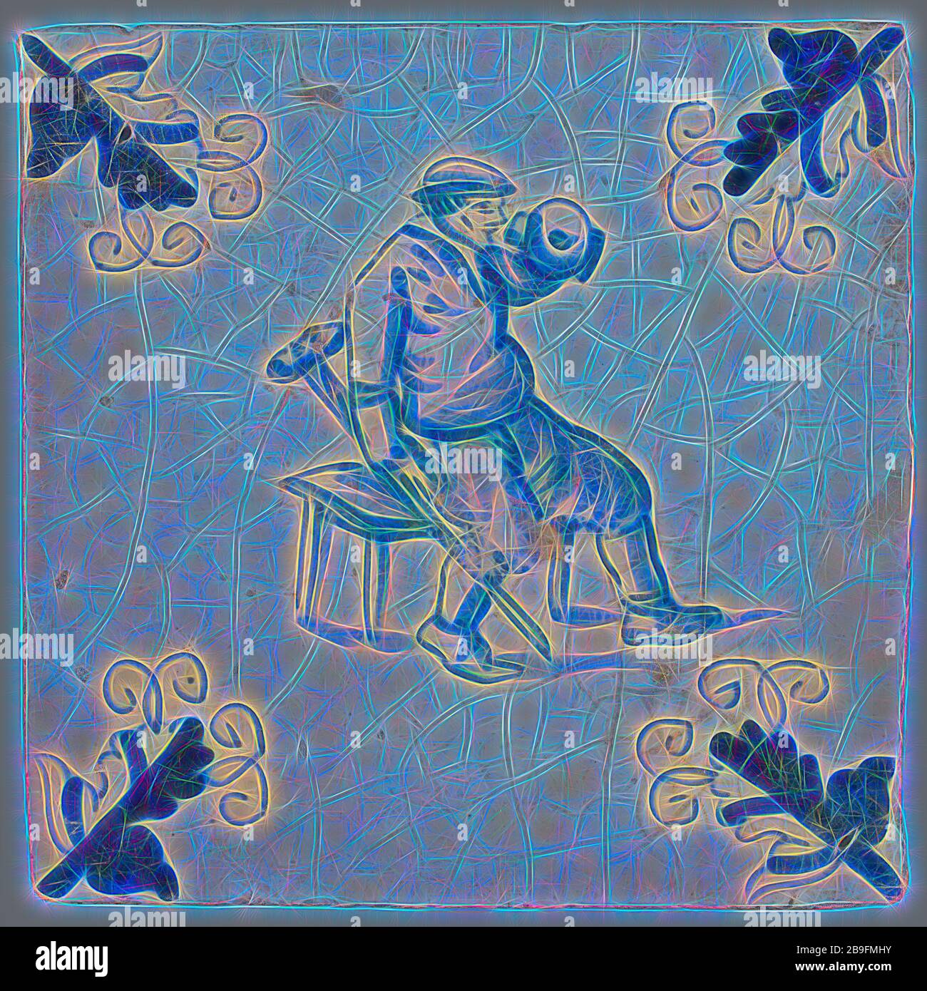 Figure tile, blue with man sitting on bench, stool in hand, drinking ...