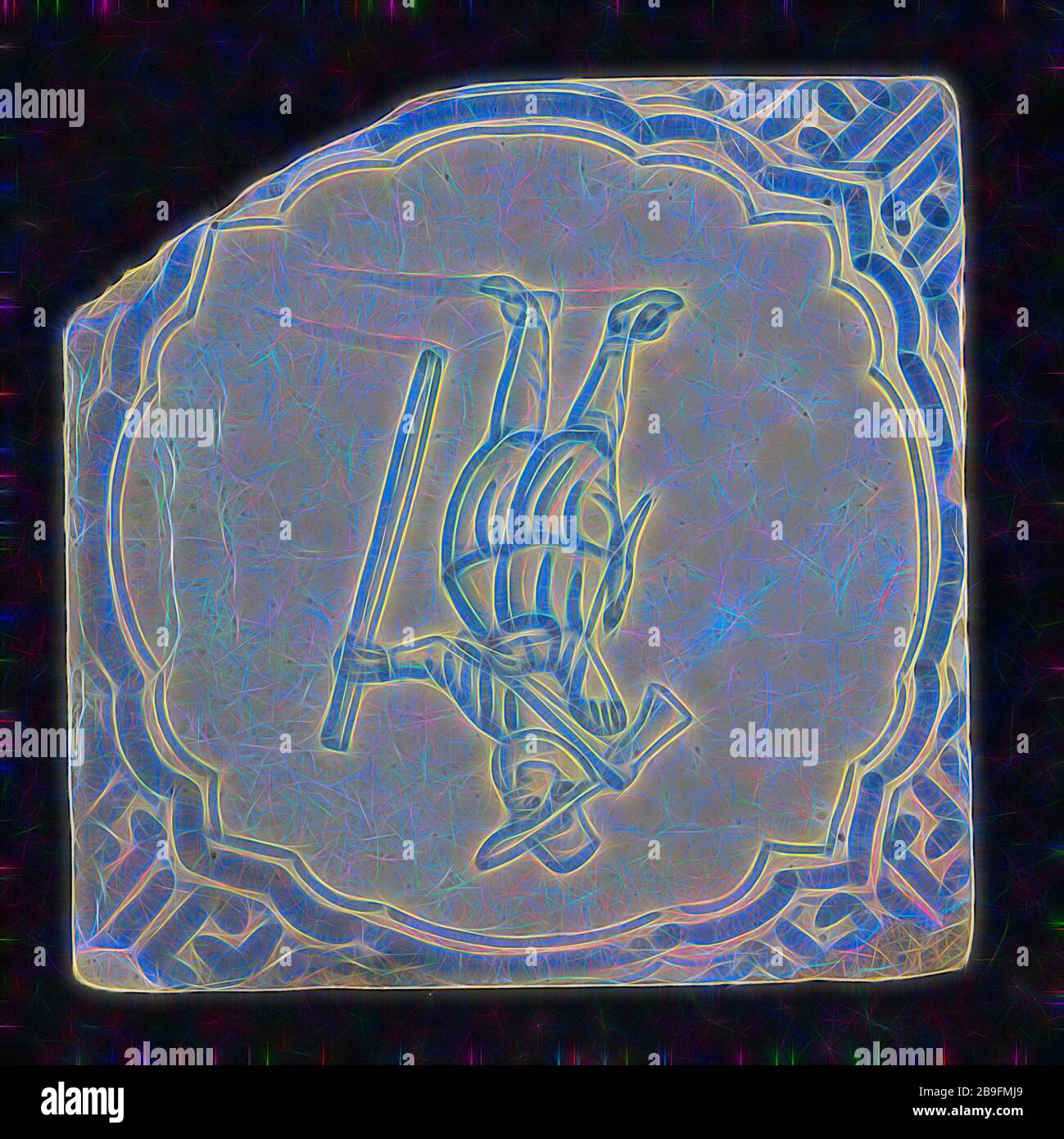 Figure tile, blue with carpenter with an ax and lath in hands, in ...