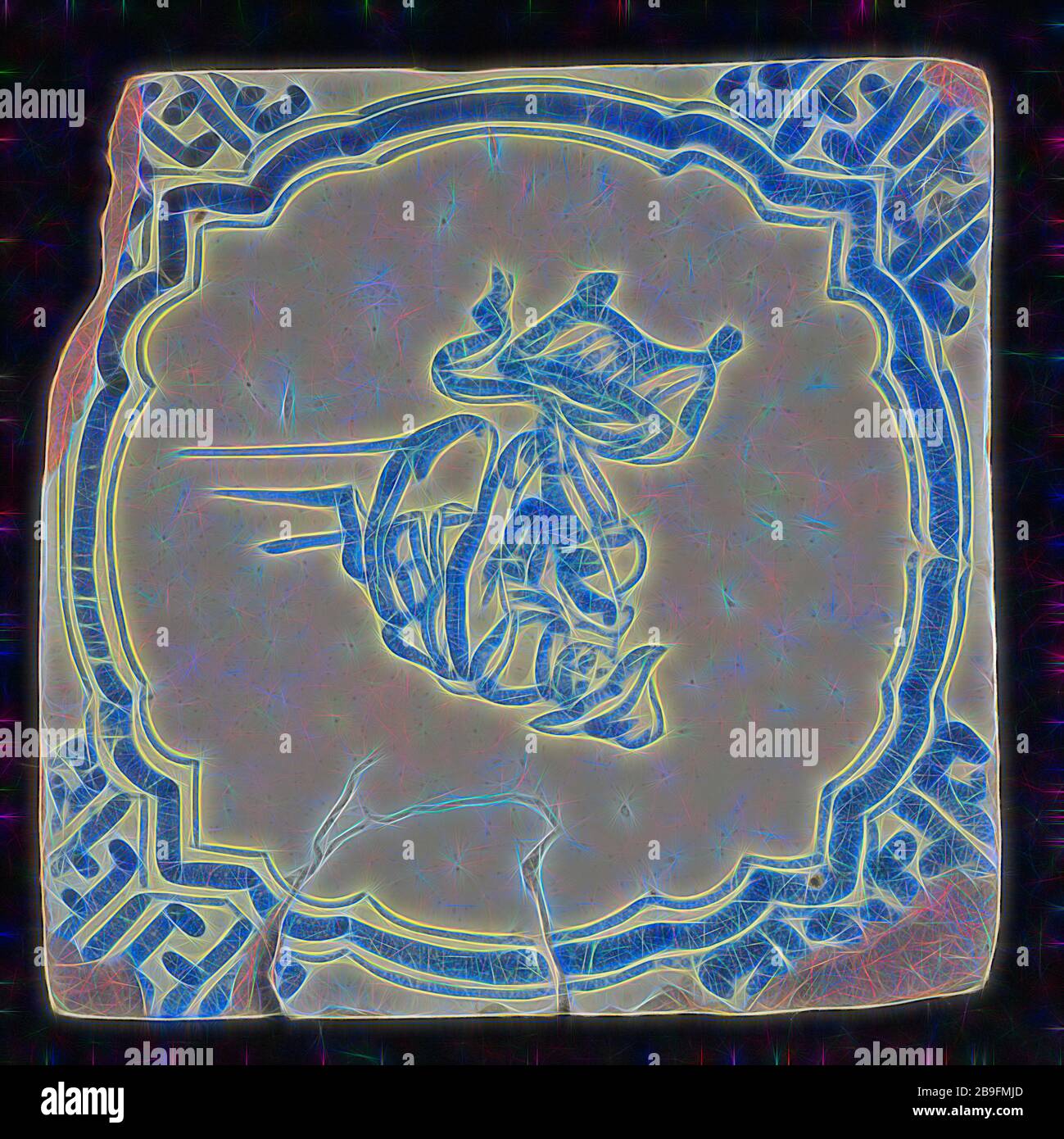 Figure tile, blue with man on knees, hunter taking something out of his ...